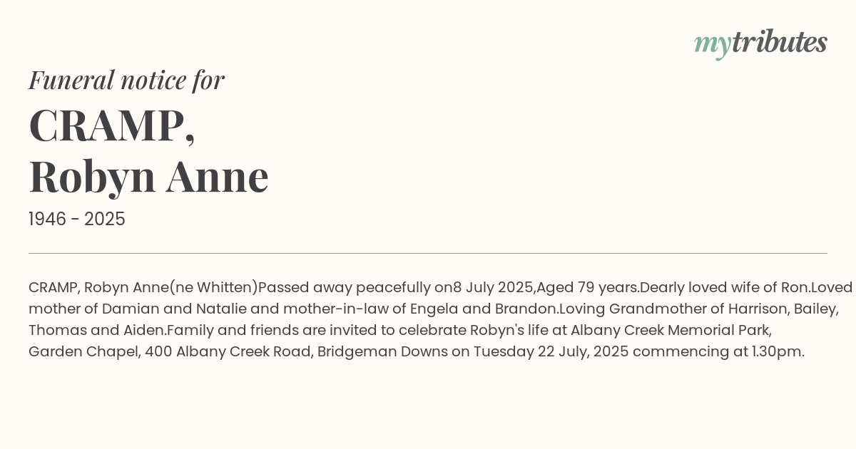 CRAMP, Robyn Anne | Funeral Notices | Brisbane | The Courier Mail