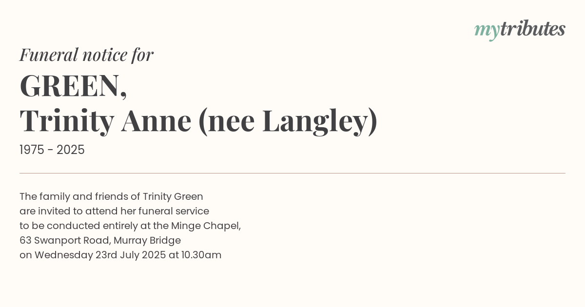 GREEN, Trinity Anne (nee Langley) | Funeral Notices | Adelaide | My ...