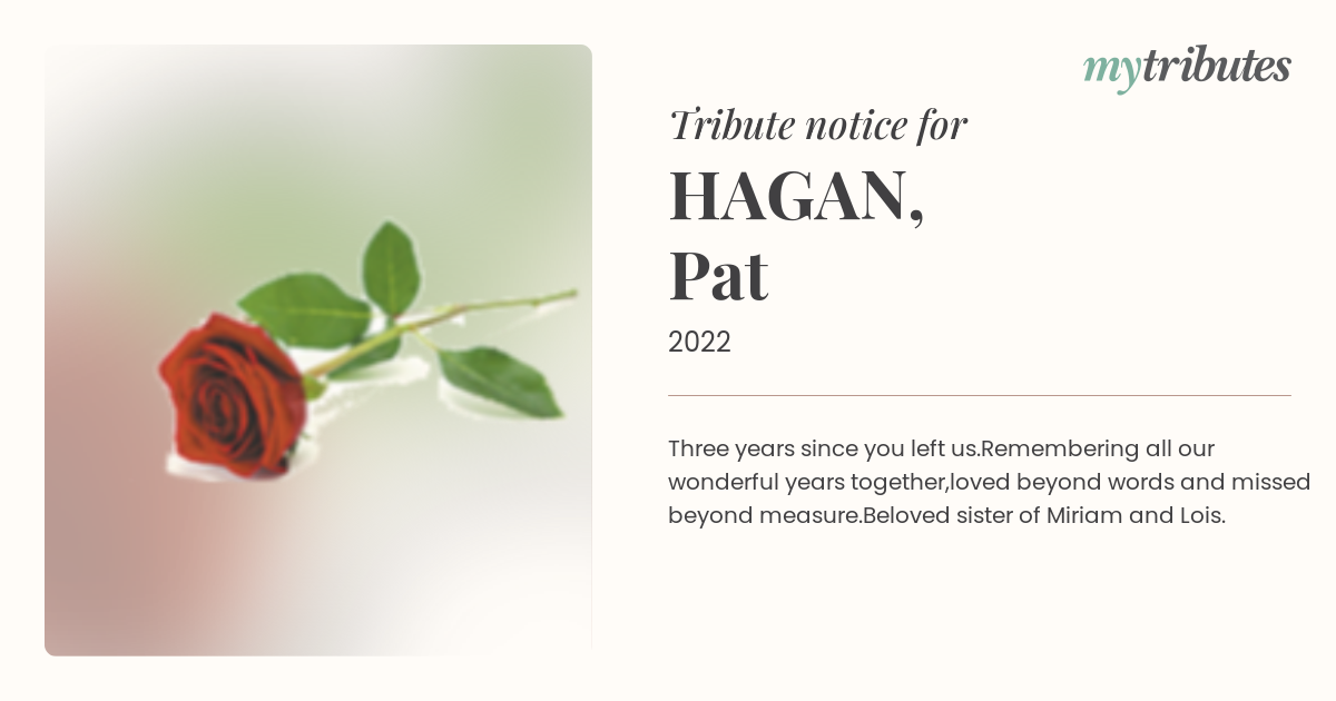 HAGAN, Pat | Tributes | Darwin | My Tributes