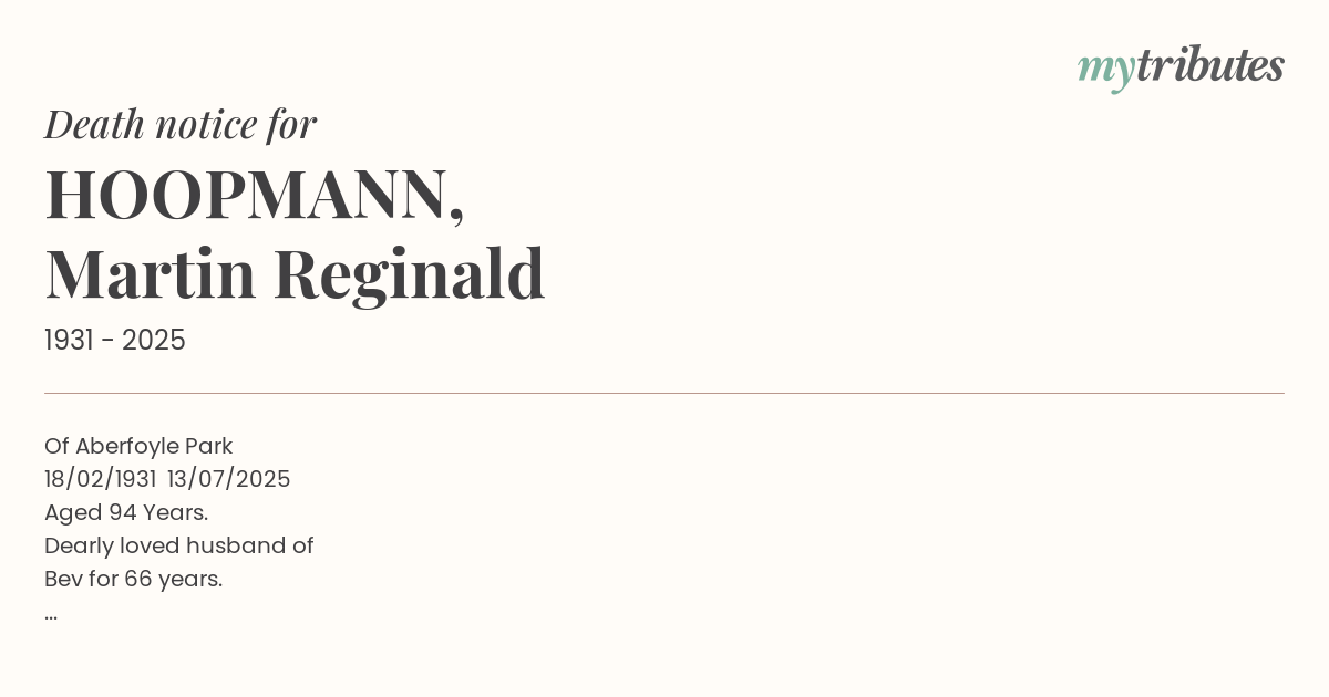 HOOPMANN, Martin Reginald | Death Notices | Adelaide | My Tributes