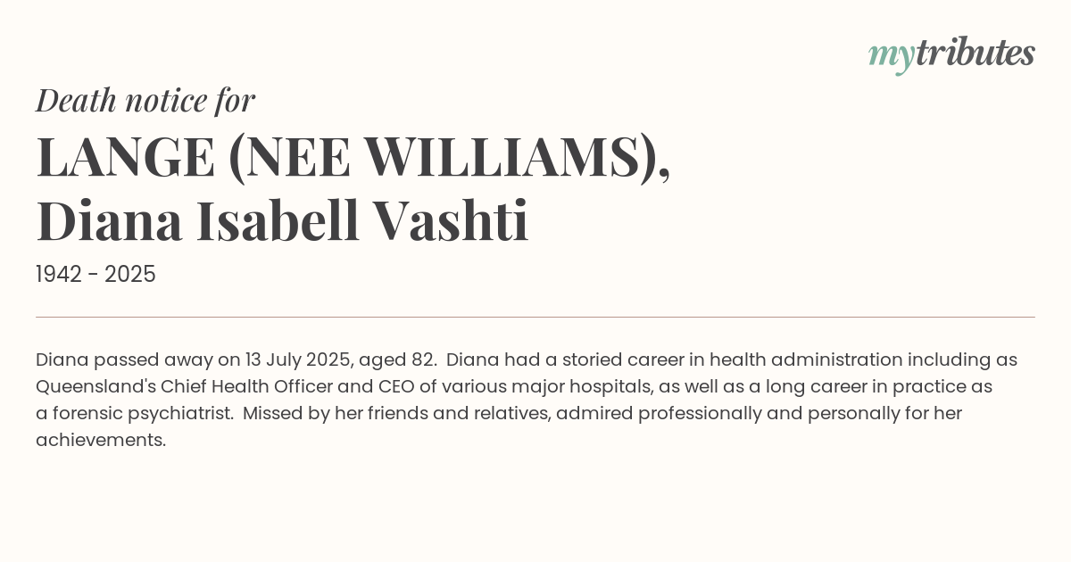 LANGE (NEE WILLIAMS), Diana Isabell Vashti | Death Notices | Brisbane ...