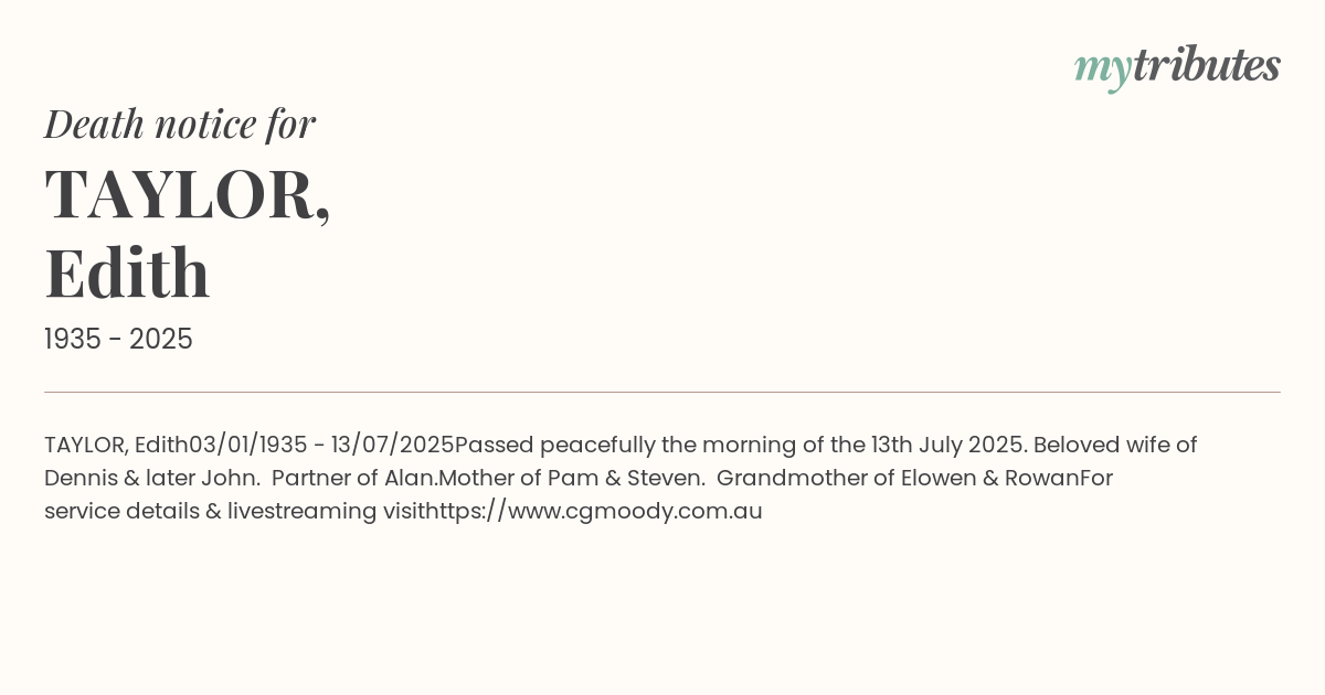 TAYLOR, Edith | Death Notices | Melbourne | My Tributes