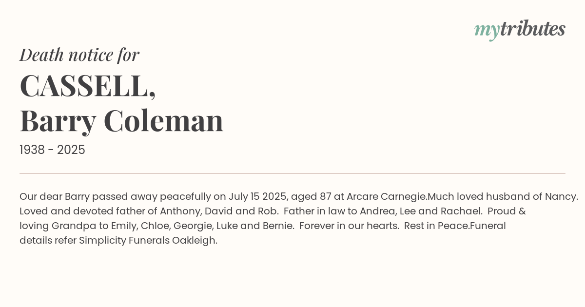 CASSELL, Barry Coleman | Death Notices | Melbourne | My Tributes