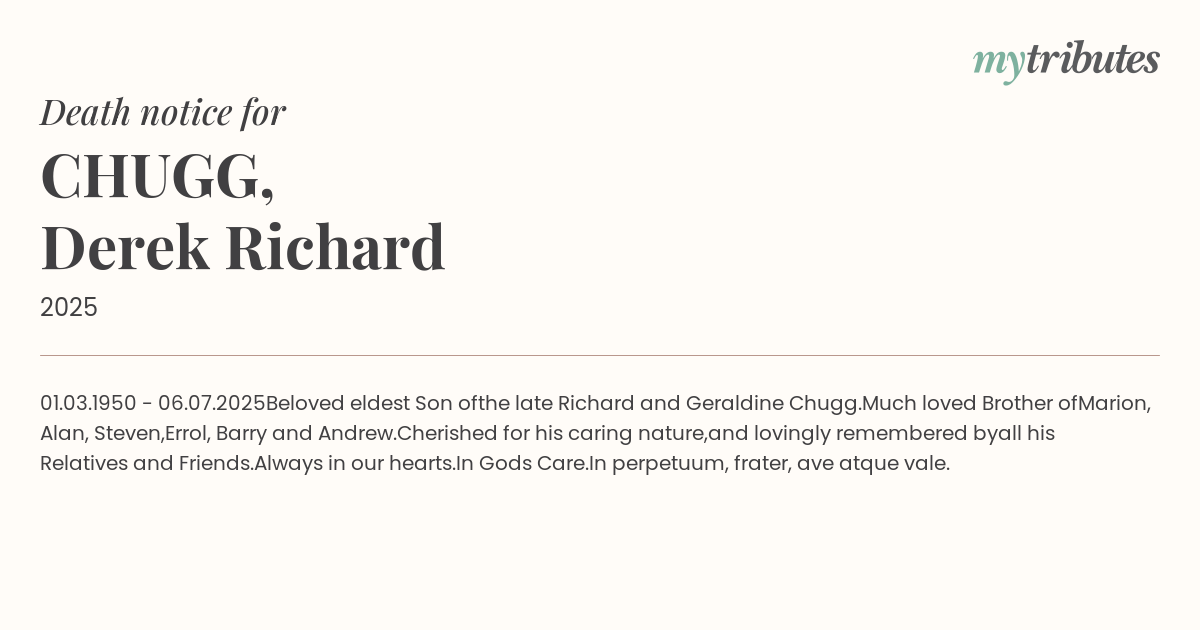 CHUGG, Derek Richard | Death Notices | Adelaide | The Advertiser