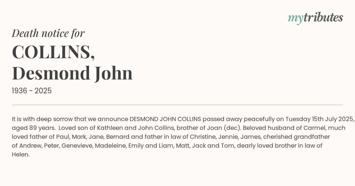 COLLINS, Desmond John | Death Notices | Melbourne | My Tributes