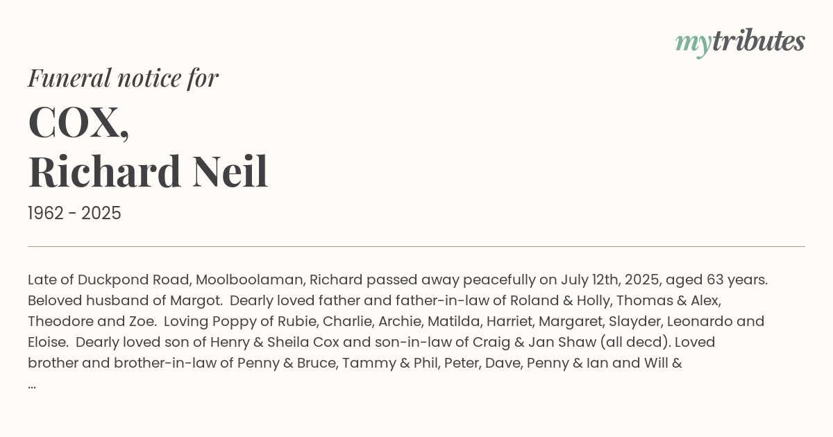 COX, Richard Neil | Funeral Notices | Brisbane | My Tributes