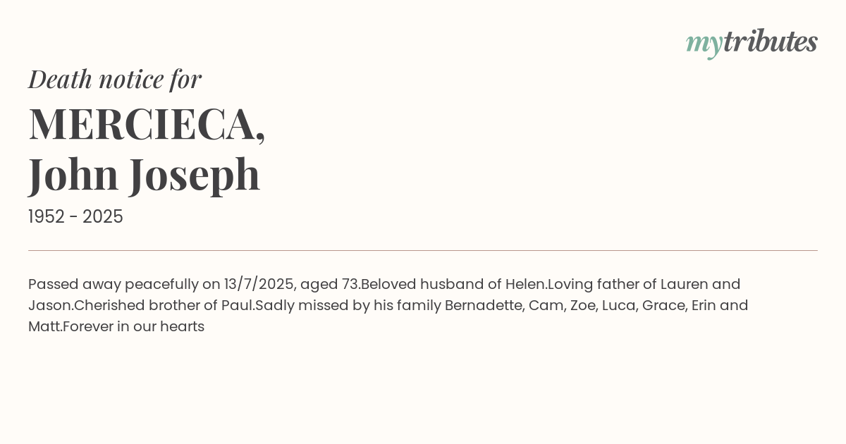 MERCIECA, John Joseph | Death Notices | Melbourne | My Tributes