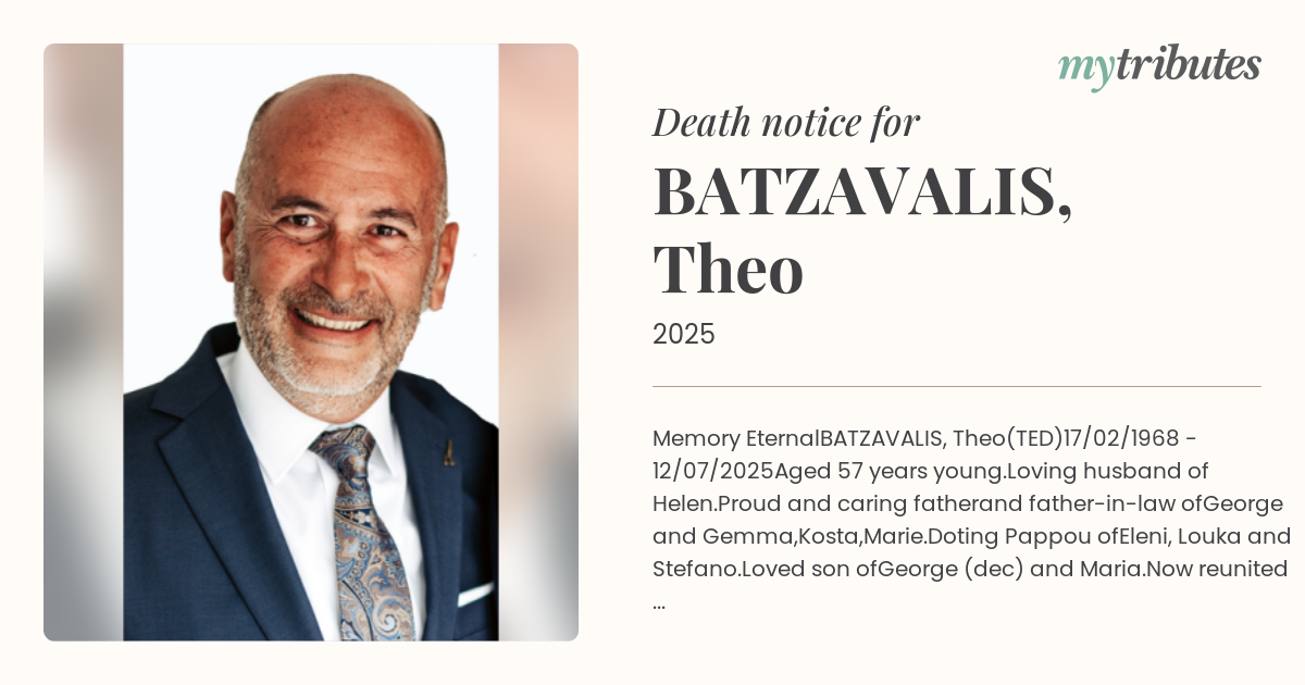 BATZAVALIS, Theo | Death Notices | Adelaide | My Tributes