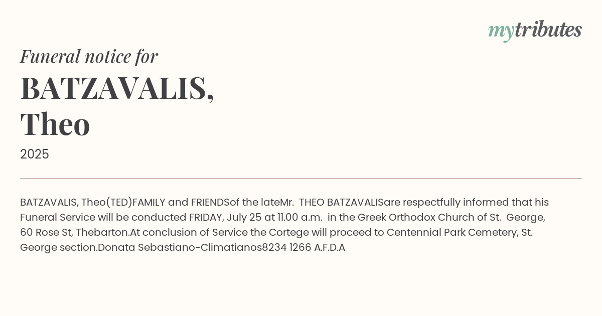 BATZAVALIS, Theo | Funeral Notices | Adelaide | My Tributes