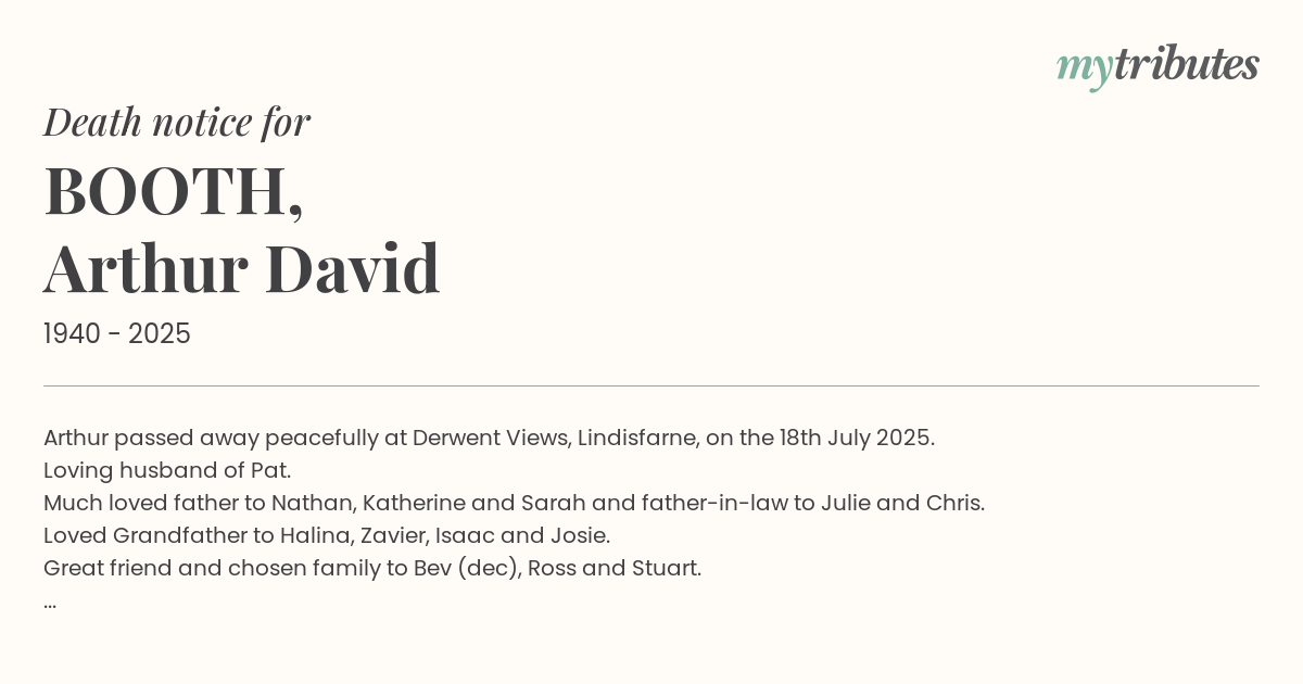 BOOTH, Arthur David | Death Notices | Tasmania | My Tributes