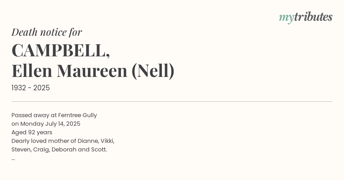 CAMPBELL, Ellen Maureen (Nell) | Death Notices | Melbourne | My Tributes