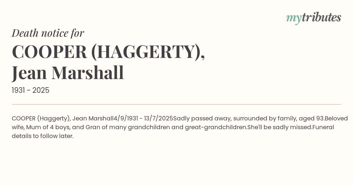 COOPER (HAGGERTY), Jean Marshall | Death Notices | Geelong | My Tributes