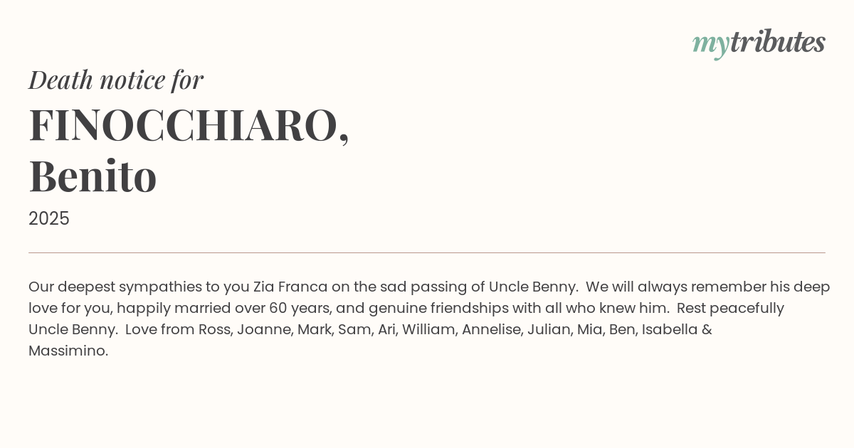 FINOCCHIARO, Benito | Death Notices | Darwin | My Tributes