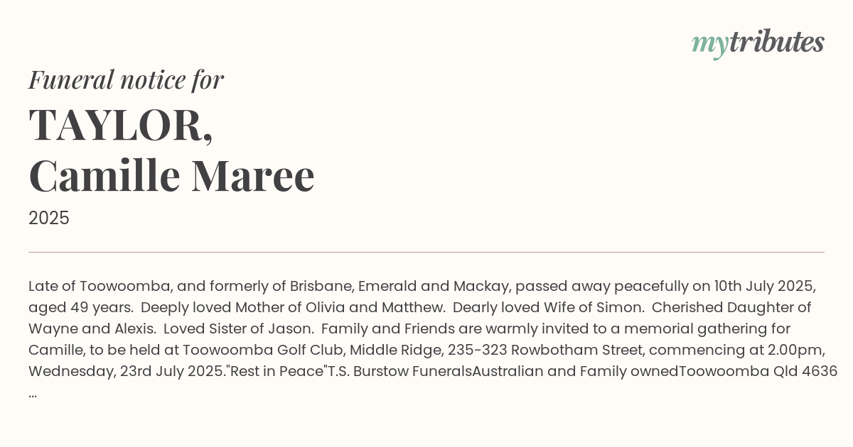 TAYLOR, Camille Maree | Funeral Notices | Brisbane | My Tributes