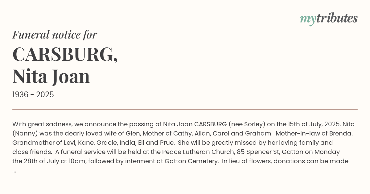 CARSBURG, Nita Joan | Funeral Notices | Brisbane | The Courier Mail