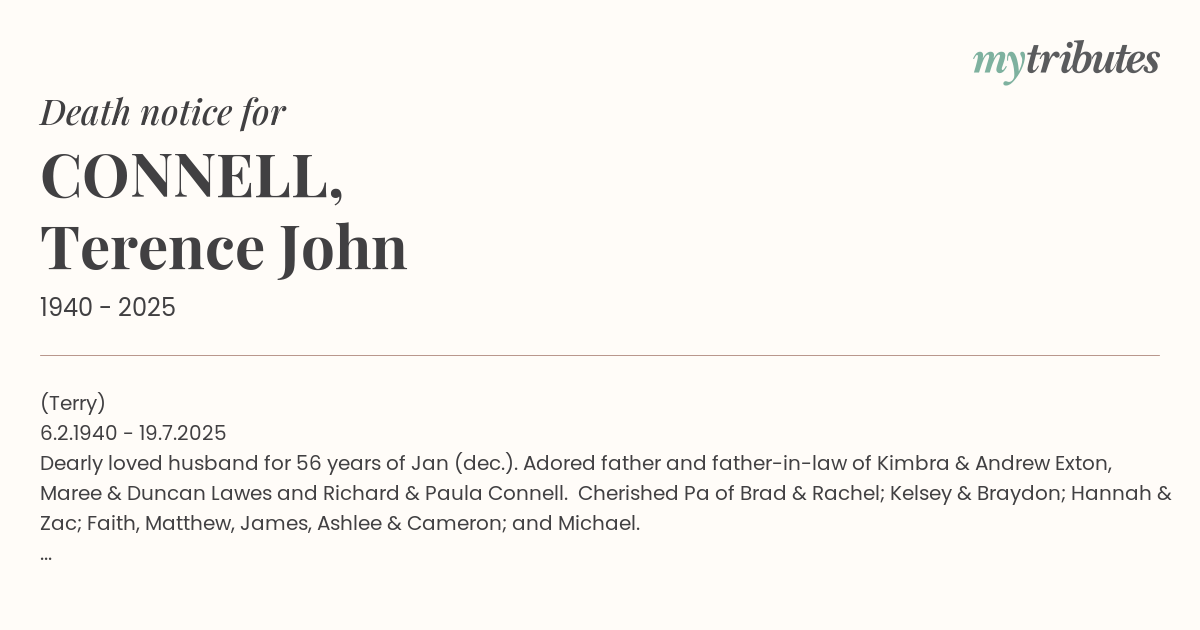 CONNELL, Terence John | Death Notices | Tasmania | The Advertiser