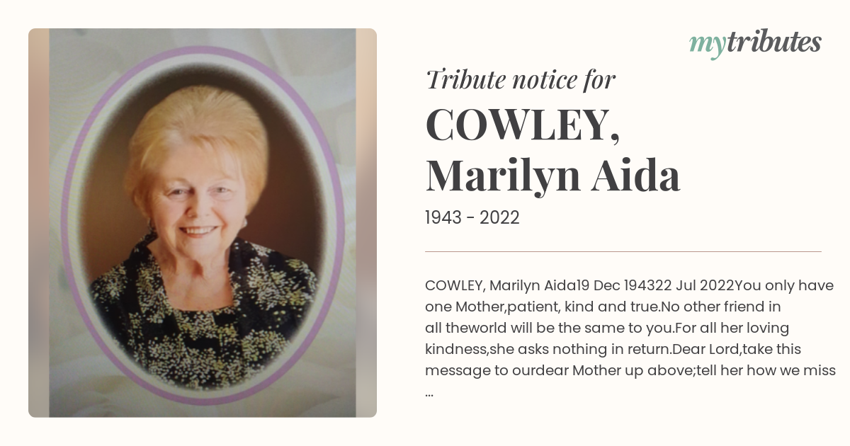 COWLEY, Marilyn Aida | Tributes | Adelaide | My Tributes