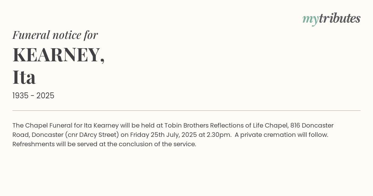 KEARNEY, Ita | Funeral Notices | Melbourne | My Tributes