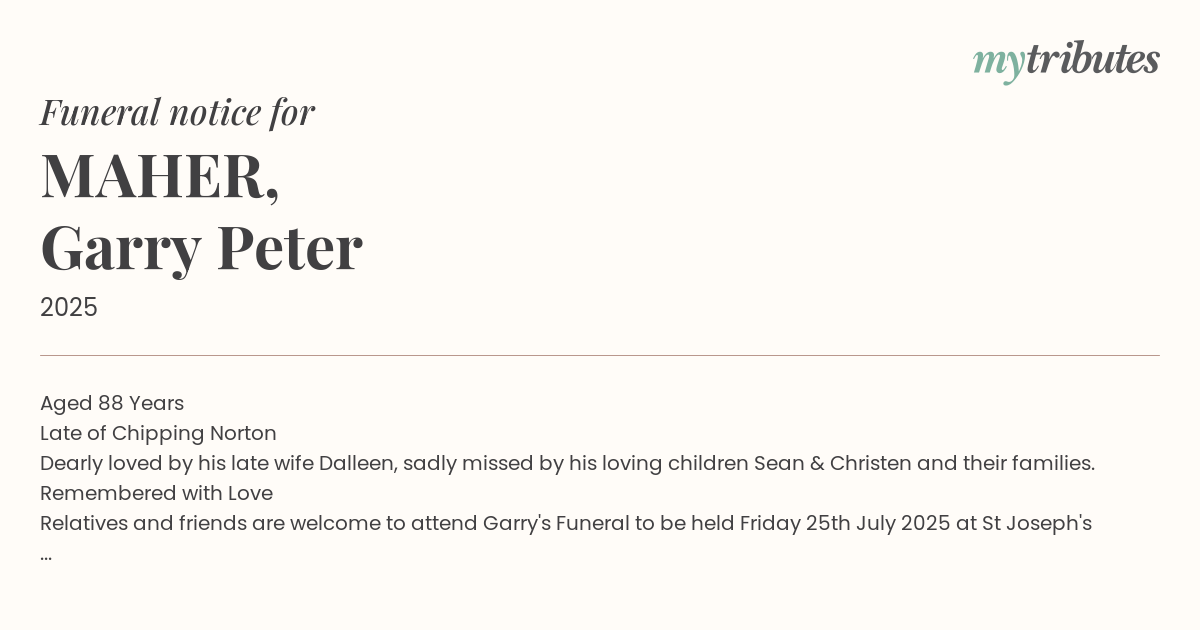MAHER, Garry Peter | Funeral Notices | Sydney | My Tributes