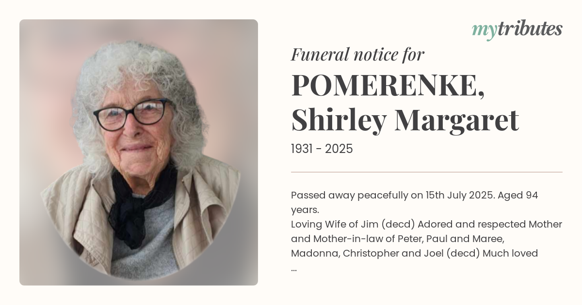 POMERENKE, Shirley Margaret | Funeral Notices | Brisbane | My Tributes
