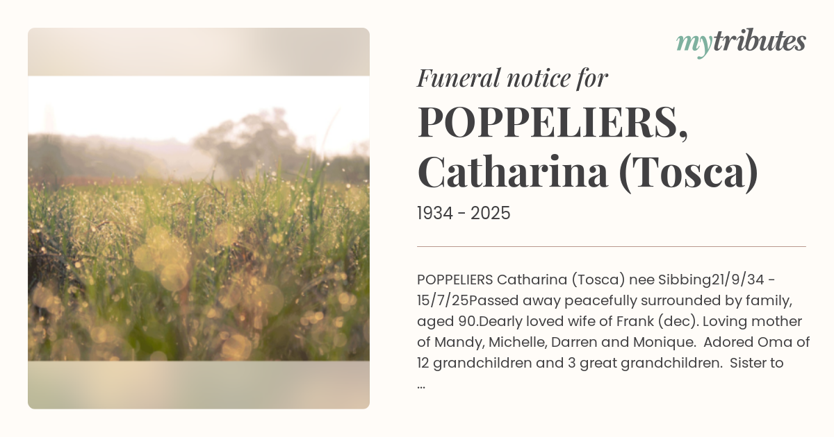 POPPELIERS, Catharina (Tosca) | Funeral Notices | Melbourne | My Tributes