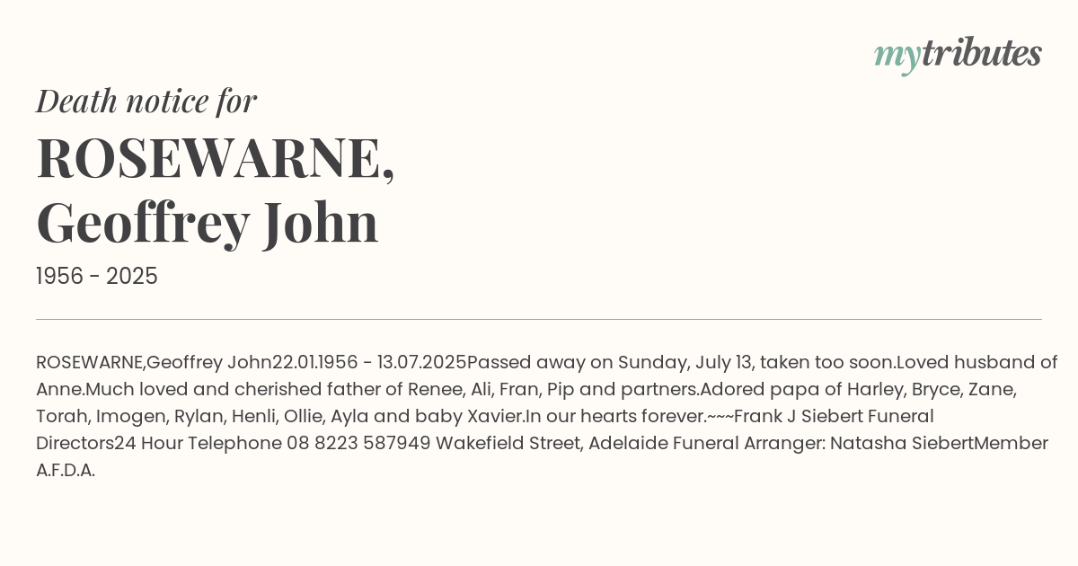 ROSEWARNE, Geoffrey John | Death Notices | Adelaide | My Tributes