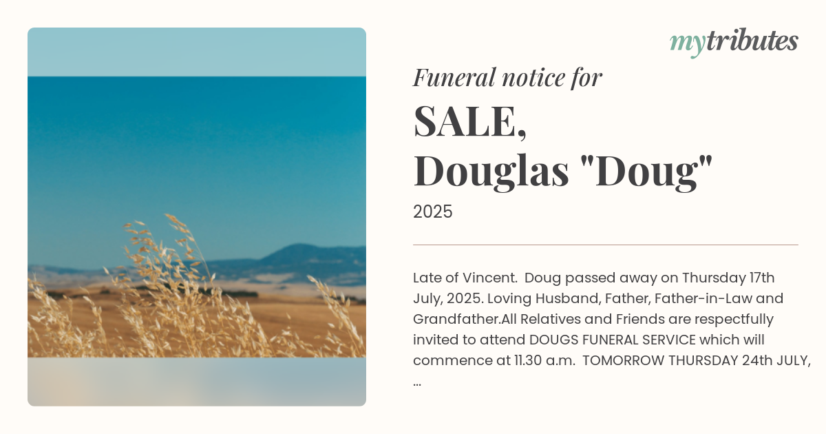 SALE, Douglas "Doug" | Funeral Notices | Townsville | My Tributes