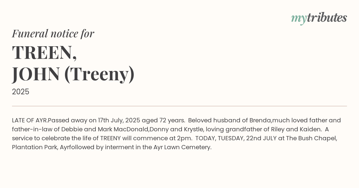 TREEN, JOHN (Treeny) | Funeral Notices | Townsville | My Tributes