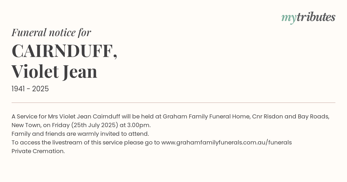 CAIRNDUFF, Violet Jean | Funeral Notices | Tasmania | My Tributes