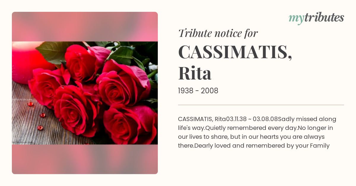 CASSIMATIS, Rita | Tributes | Brisbane | My Tributes