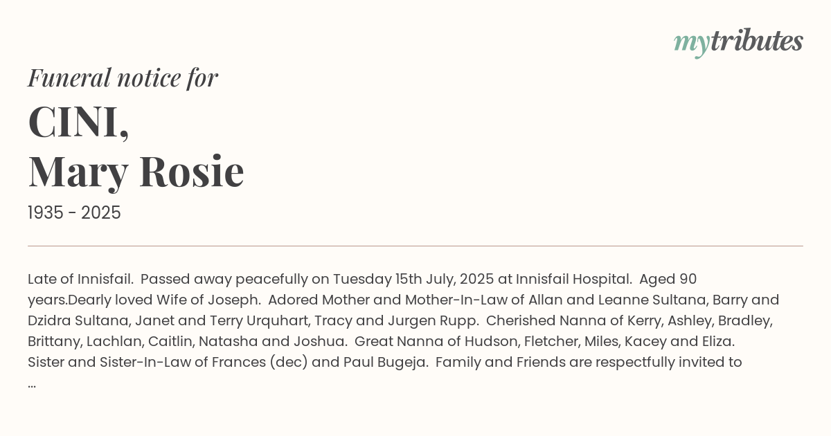 CINI, Mary Rosie | Funeral Notices | Cairns | My Tributes