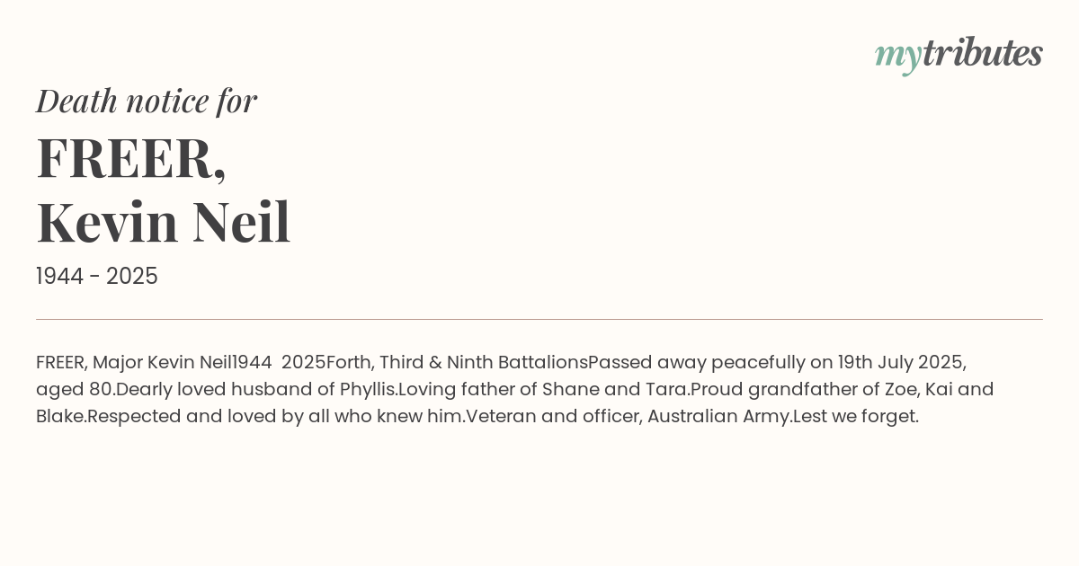 FREER, Kevin Neil | Death Notices | Adelaide | My Tributes