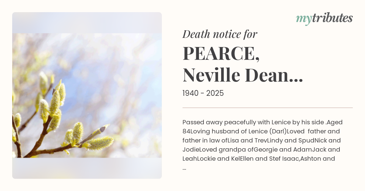 PEARCE, Neville Dean (Dean) | Death Notices | Adelaide | My Tributes