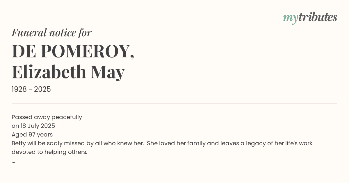 DE POMEROY, Elizabeth May | Funeral Notices | Sydney | The Mercury