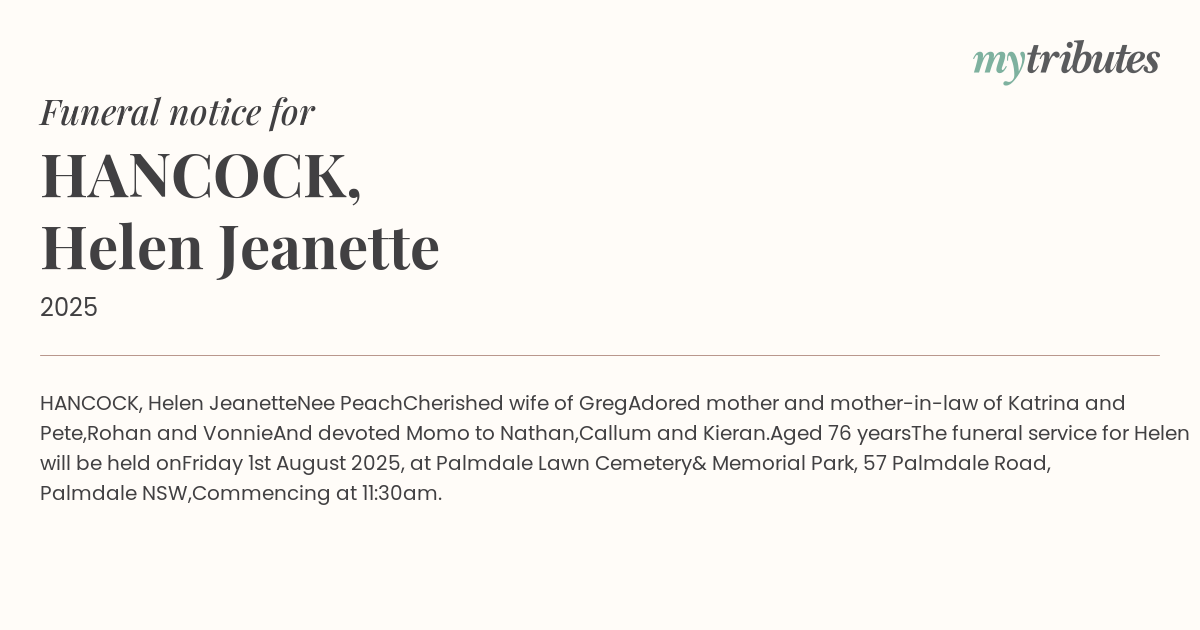 HANCOCK, Helen Jeanette | Funeral Notices | Sydney | My Tributes