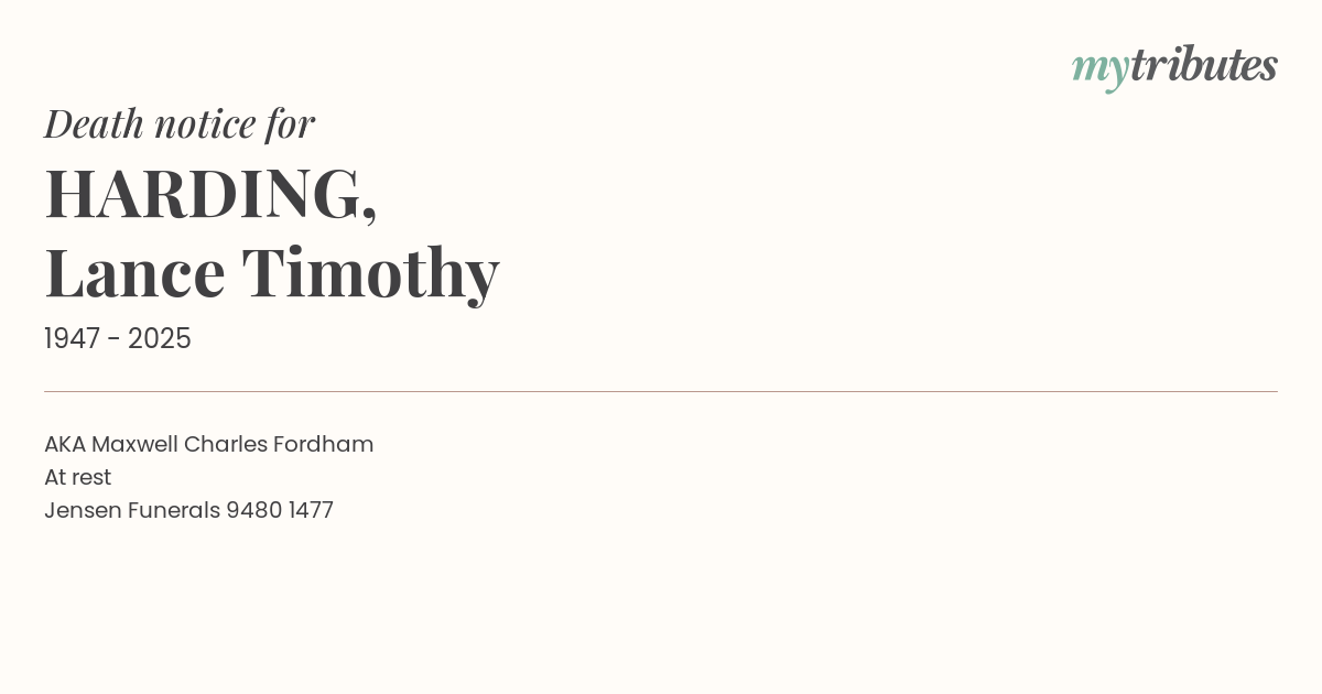 HARDING, Lance Timothy | Death Notices | Melbourne | My Tributes