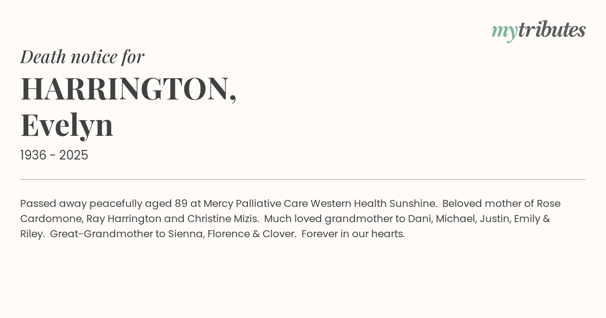 HARRINGTON, Evelyn | Death Notices | Melbourne | Herald Sun