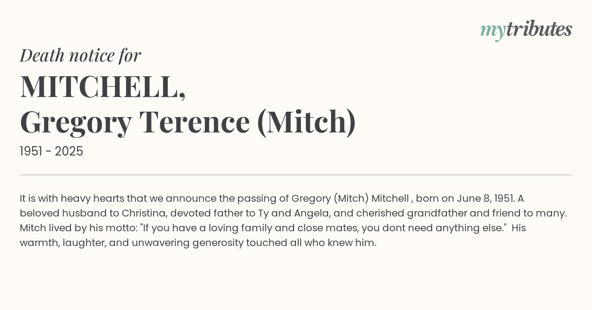 MITCHELL, Gregory Terence (Mitch) | Death Notices | Tasmania | My Tributes