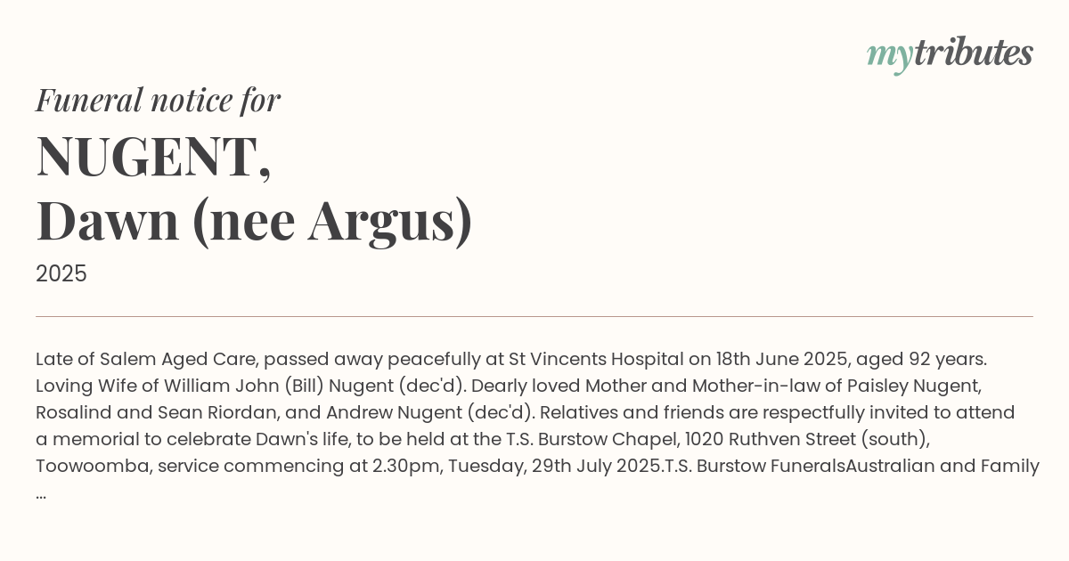 NUGENT, Dawn (nee Argus) | Funeral Notices | Toowoomba / Gatton | The Chronicle