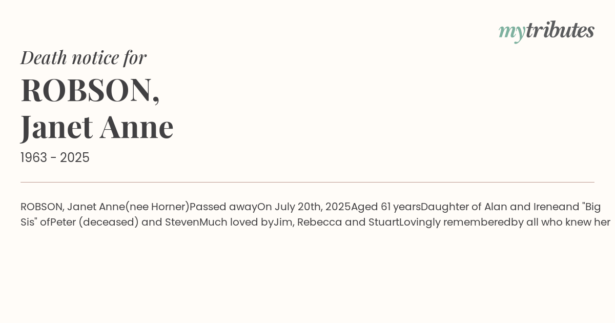 ROBSON, Janet Anne | Death Notices | Adelaide | My Tributes