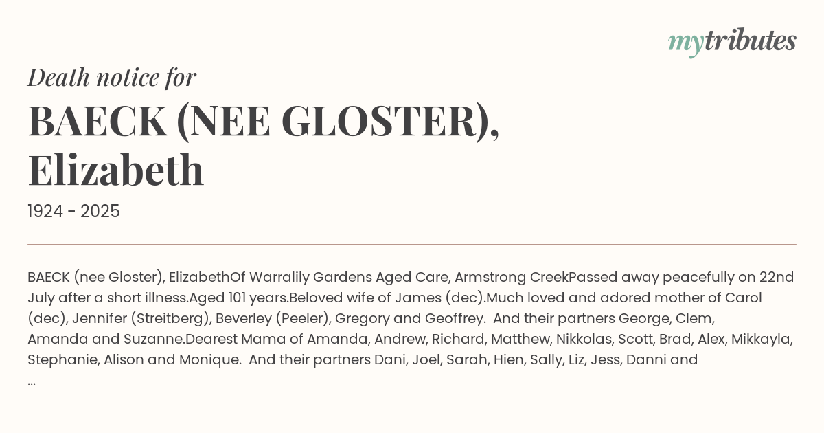 BAECK (NEE GLOSTER), Elizabeth | Death Notices | Geelong, Melbourne ...