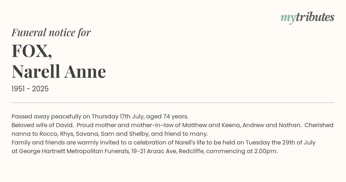 FOX, Narell Anne | Funeral Notices | Brisbane | My Tributes