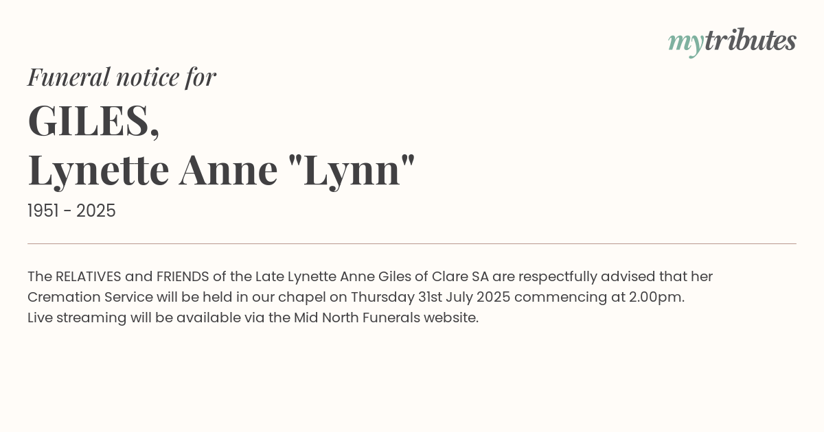 GILES, Lynette Anne "Lynn" | Funeral Notices | Adelaide | My Tributes