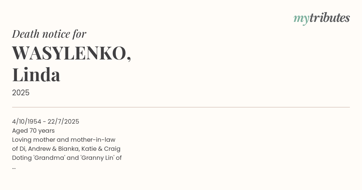 WASYLENKO, Linda | Death Notices | Adelaide | My Tributes