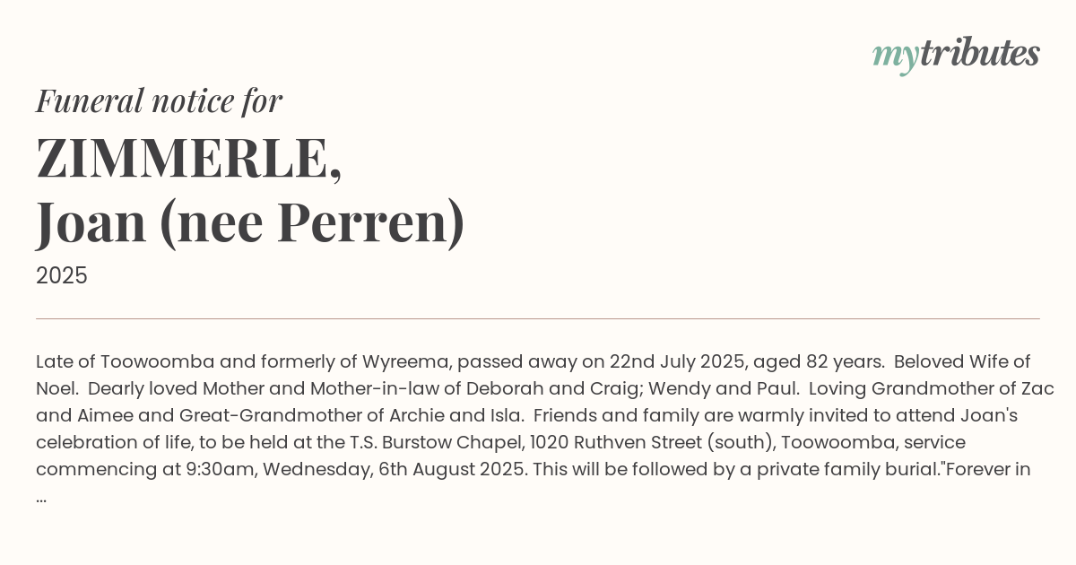ZIMMERLE, Joan (nee Perren) | Funeral Notices | Toowoomba / Gatton | My ...