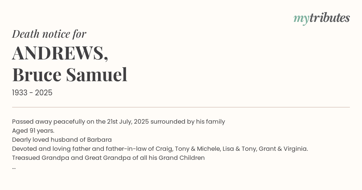ANDREWS, Bruce Samuel | Death Notices | Adelaide | My Tributes