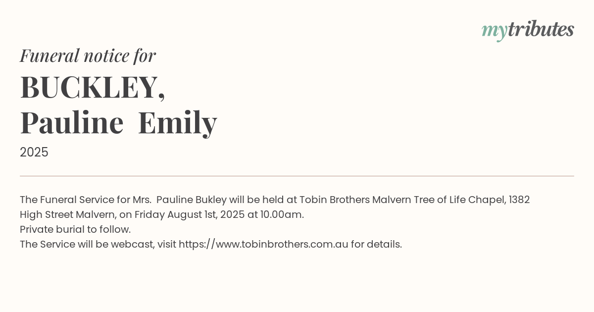 BUCKLEY, Pauline Emily | Funeral Notices | Melbourne | Herald Sun
