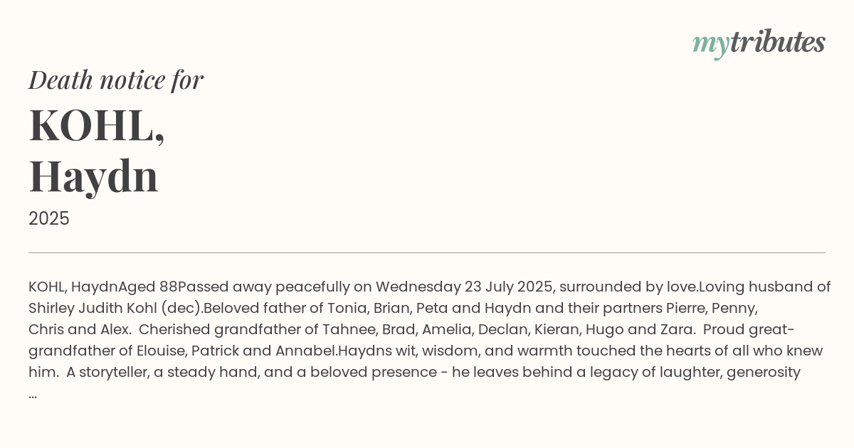 KOHL, Haydn | Death Notices | Tasmania | My Tributes