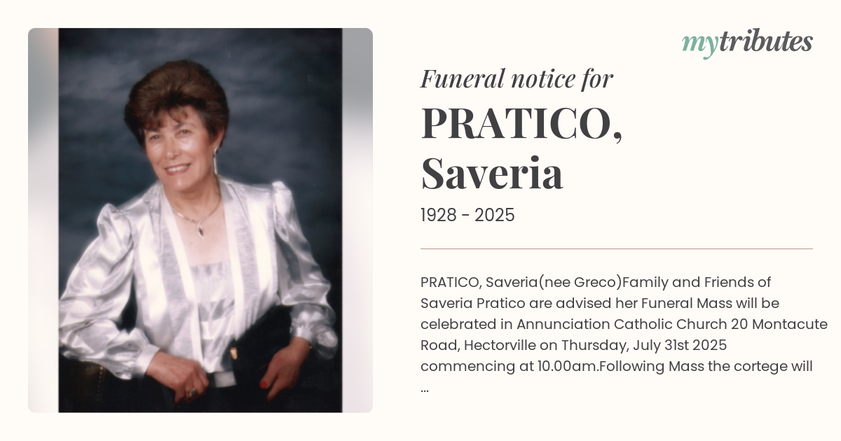 PRATICO, Saveria | Funeral Notices | Adelaide | My Tributes