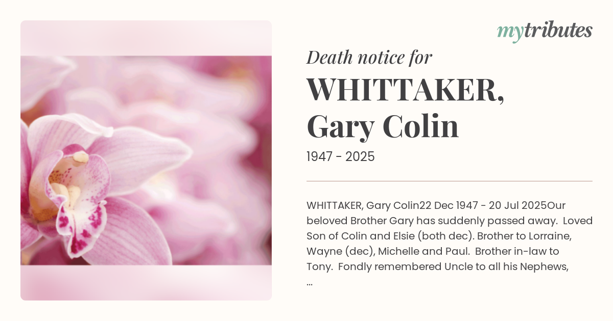 WHITTAKER, Gary Colin | Death Notices | Tasmania | My Tributes